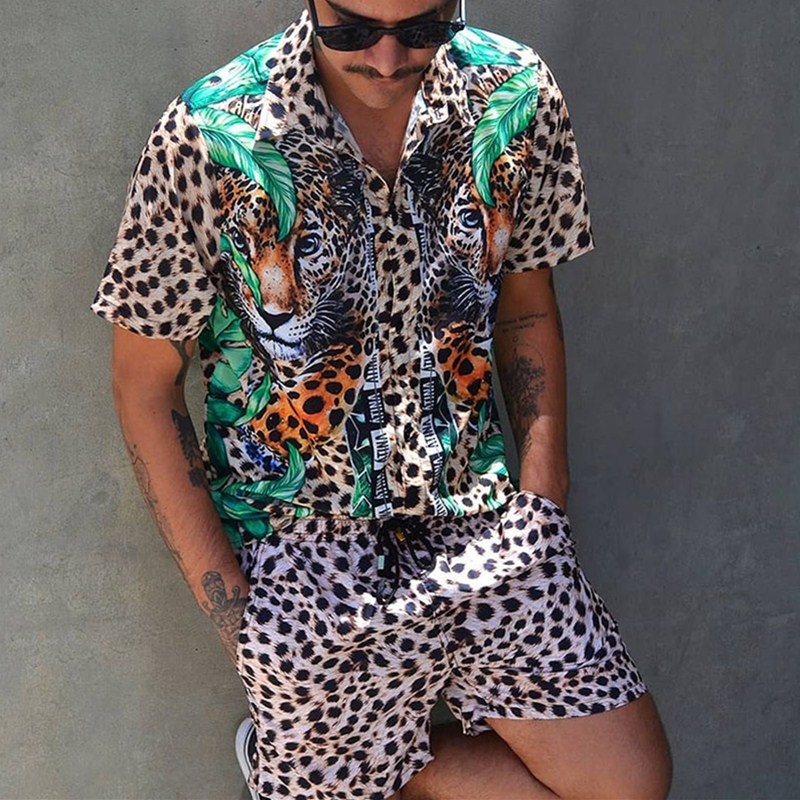 Summer men's sets Streetwear Leopard Print Short Sleeve Lapel Shirt ...