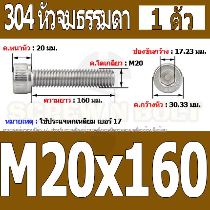 น็อต สกรู หัวจม สแตนเลส 304 เกลียวมิล ตลอด หยาบ M20 / Hex Socket Head ...