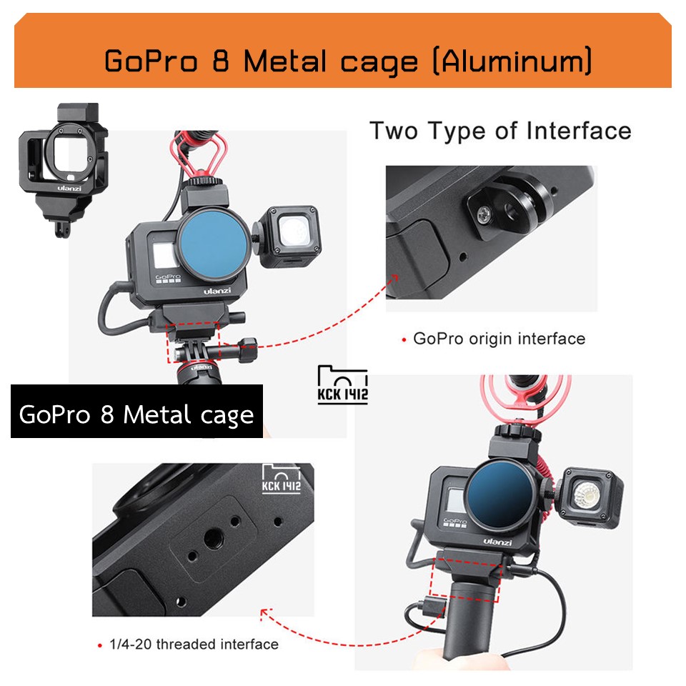 Alu Gopro 8 Metal Vlog CAGE กรอบเฟรม เคสอลูมิเนียม เคสติดไมค์ Gopro8 Cold Shoe Mic LED Light ...