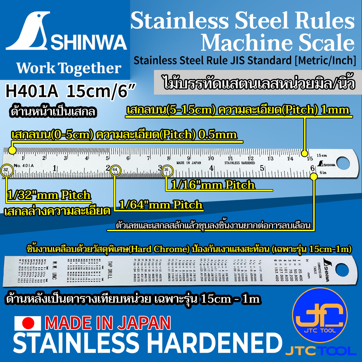 Shinwa ไม้บรรทัดสแตนเลสหน่วยมิลและนิ้ว - Stainless Steel Rule Metric ...