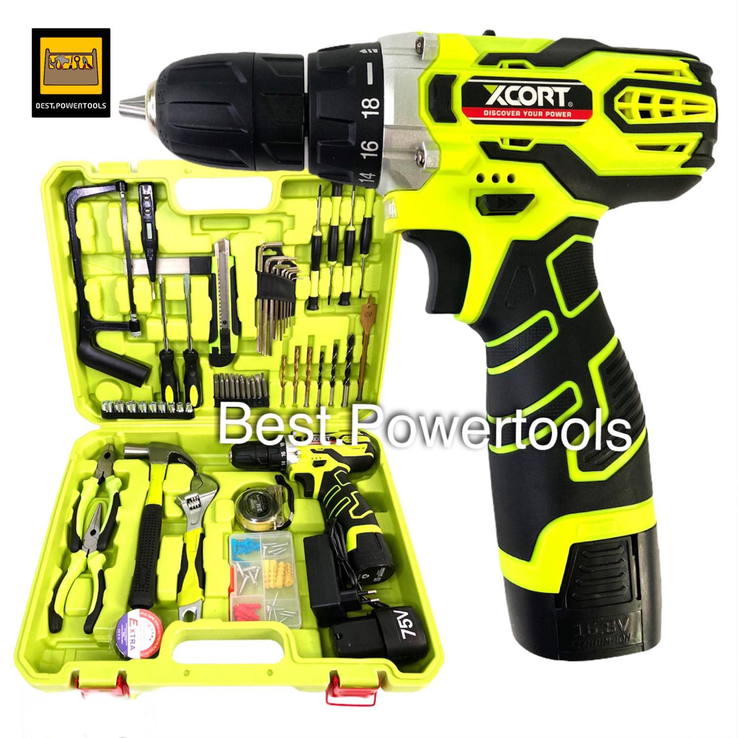 XCORT ชุดสว่านแบตไร้สาย 75V (แรงที่สุด) ปรับสปีดได้ พร้อมอุปกรณ์เครื่องมือช่างชุดใหญ่ - Best ...