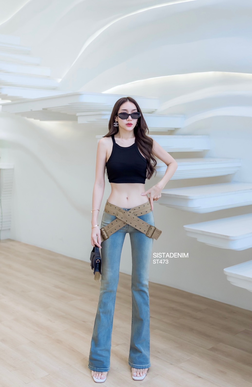 ST473 SistaDenim กางเกงยีนส์เอวต่ำ ดีไซน์เข็มขัดไขว้ - Sista Denim - ThaiPick