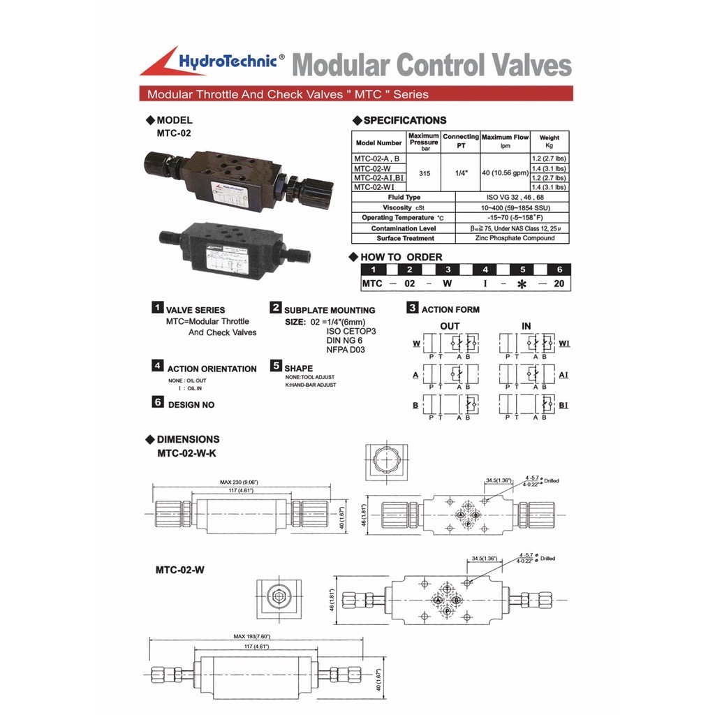 วาล์วปรับอัตราการไหล ควบคุมน้ำมันไฮดรอลิค "MTC" 02-03 (Flow Control ...