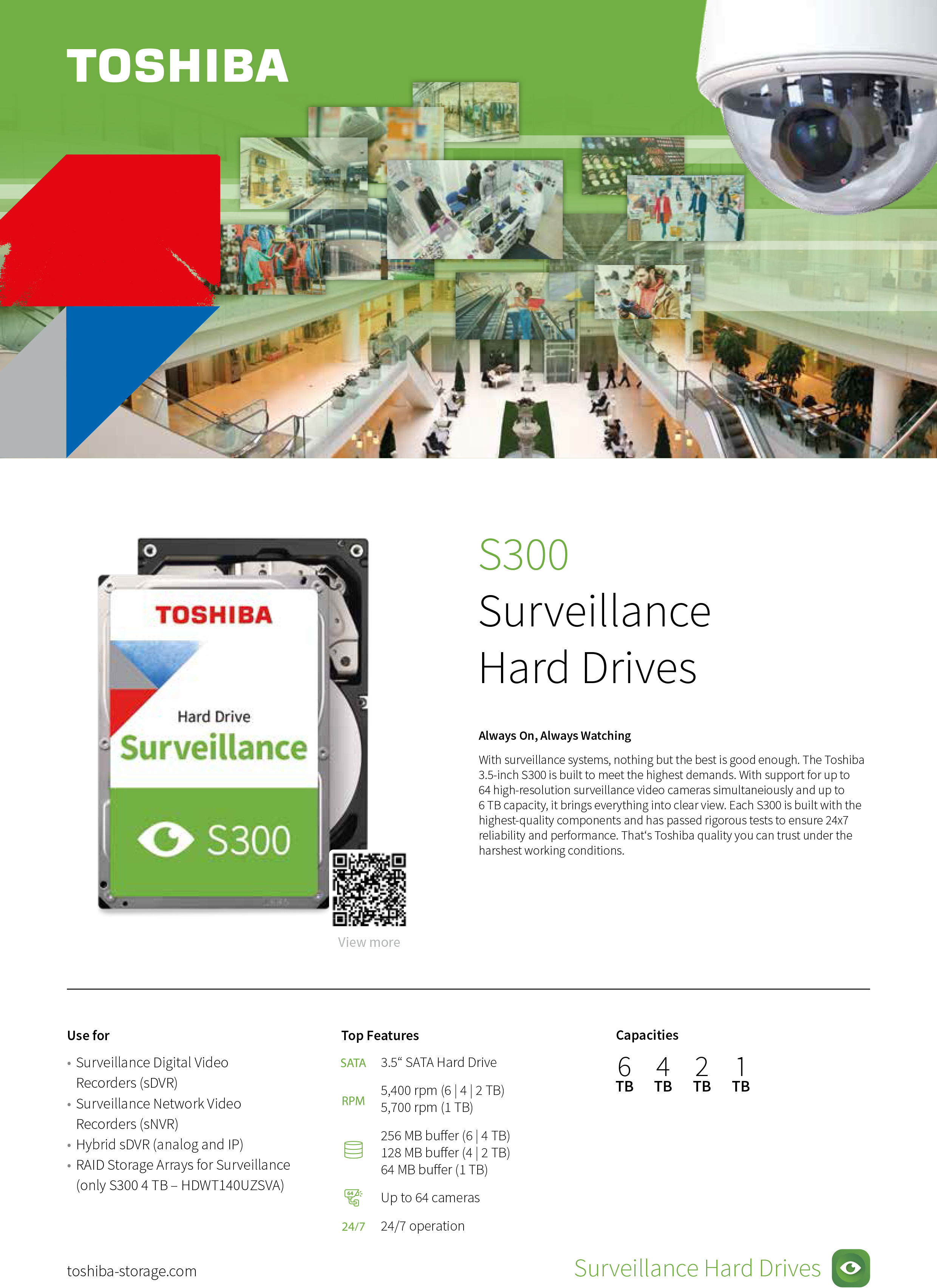 TOSHIBA S300 HDWV110 HARDDISK FOR CCTV 1 TB 5700RPM 64MB SATA-3 BY ...