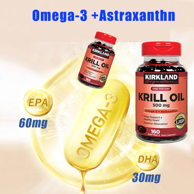 Kirkland Krill Oil Omega 3 + Astaxanthin 500 mg 160 Softgels ...