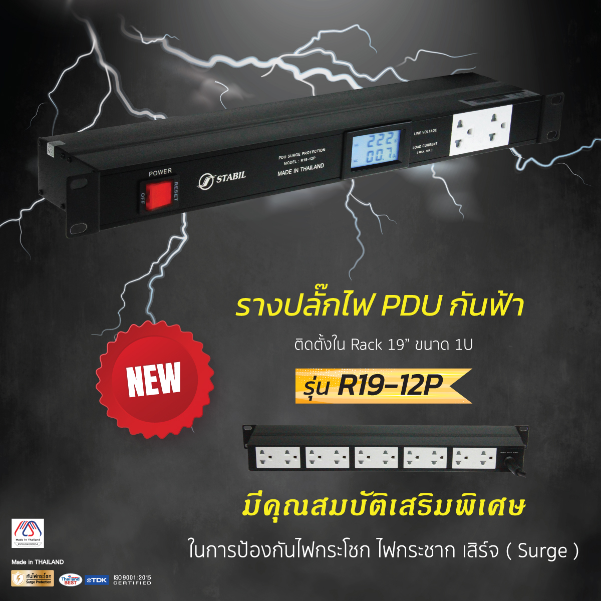 รางปลั๊กไฟ PDU กันฟ้า ( ติดตั้งใน Rack 19 ขนาด 1U ) รุ่น R19-12P ( PDU ...