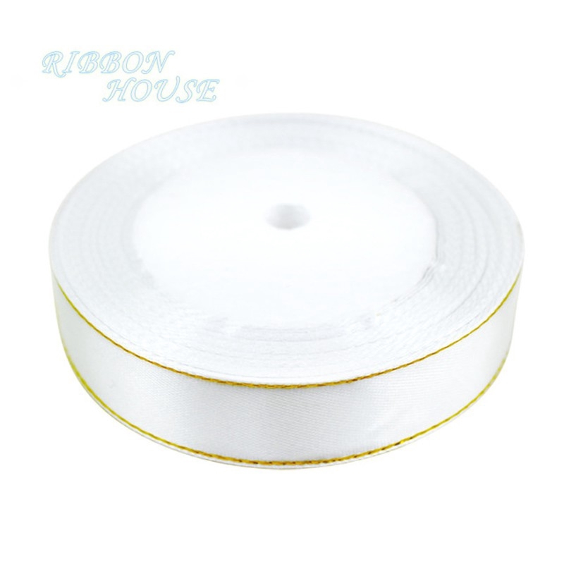 (25 yardsroll) 25mm satin ribbon white gold edge wholesale high quality ...