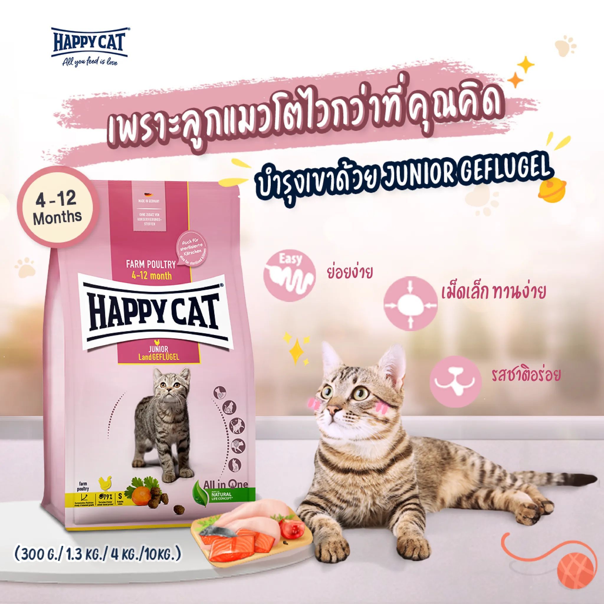 HAPPY CAT Supreme Junior Geflugel ลูกแมว อายุ 4-12 เดือน สูตรเนื้อสัตว์ปีกและปลาแซลมอน 1.3 Kg ...