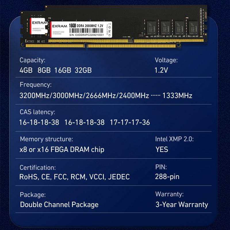 EXRAM หน่วยความจําเดสก์ท็อป RAM DDR4 DDR3 4GB 8GB 16GB DIMM Intel Memoria RAM 1600Mhz 2400Mhz ...