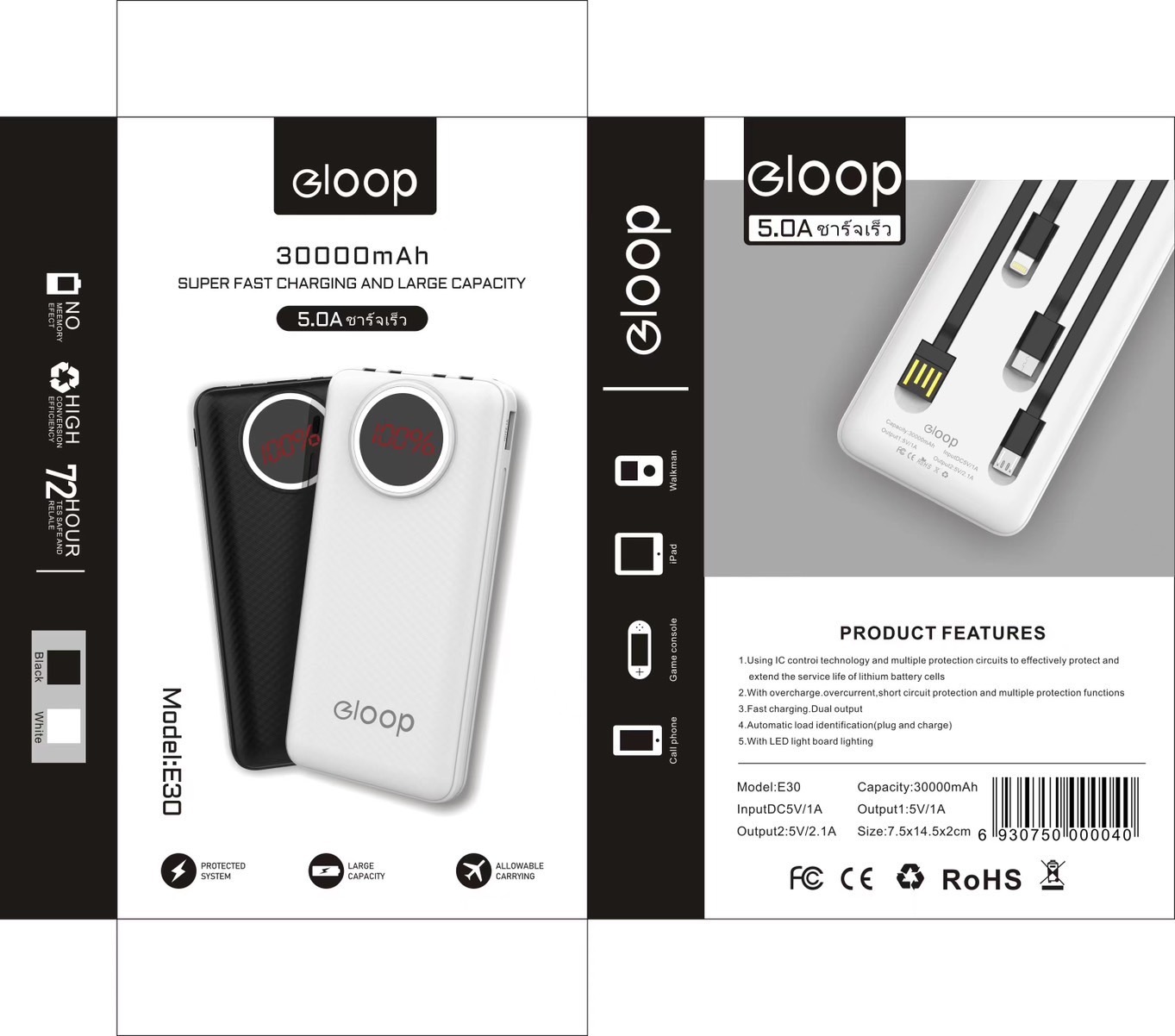 Eloop E30 Powerbank 30000mAh แบตสำรอง มีสายในตัว 4 เส้น พร้อมส่ง 2 สี ...