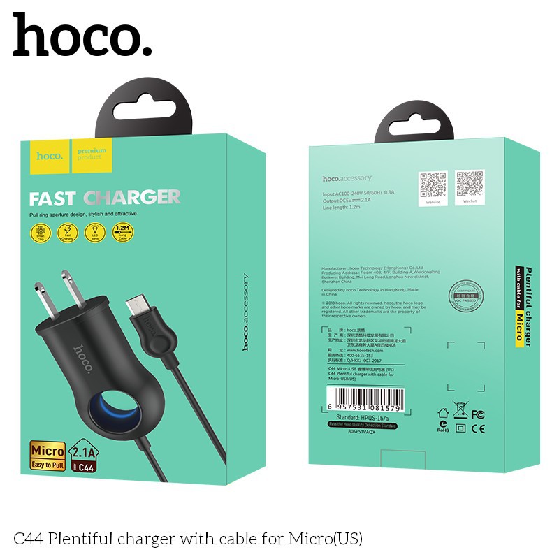 หัวชาร์จพร้อมสายชาร์จ HOCO C44 Plentiful Wall Charger with Cable for ...