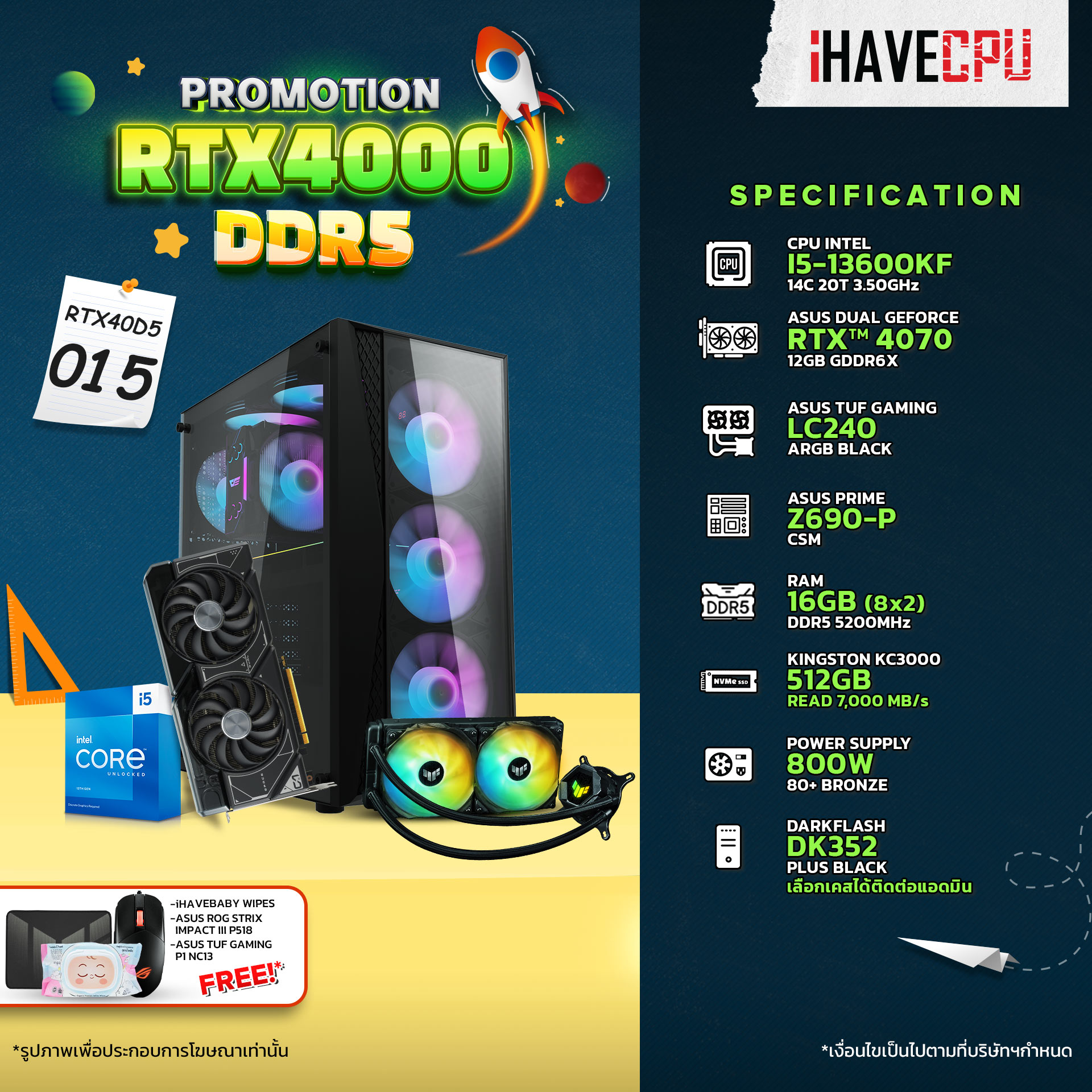 iHAVECPU RTX40D5-15 INTEL I5-13600KF 3.5GHz 14C20T Z690 RTX 4070 12GB 16GB DDR5 5200MHz M.2 ...