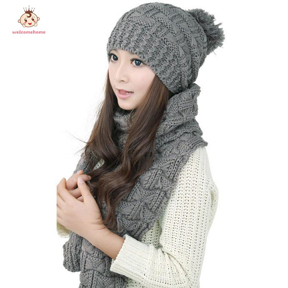 【welcomehome】Winter Women Warm Scarf Wrap Hat Set Knitted Knitting ...