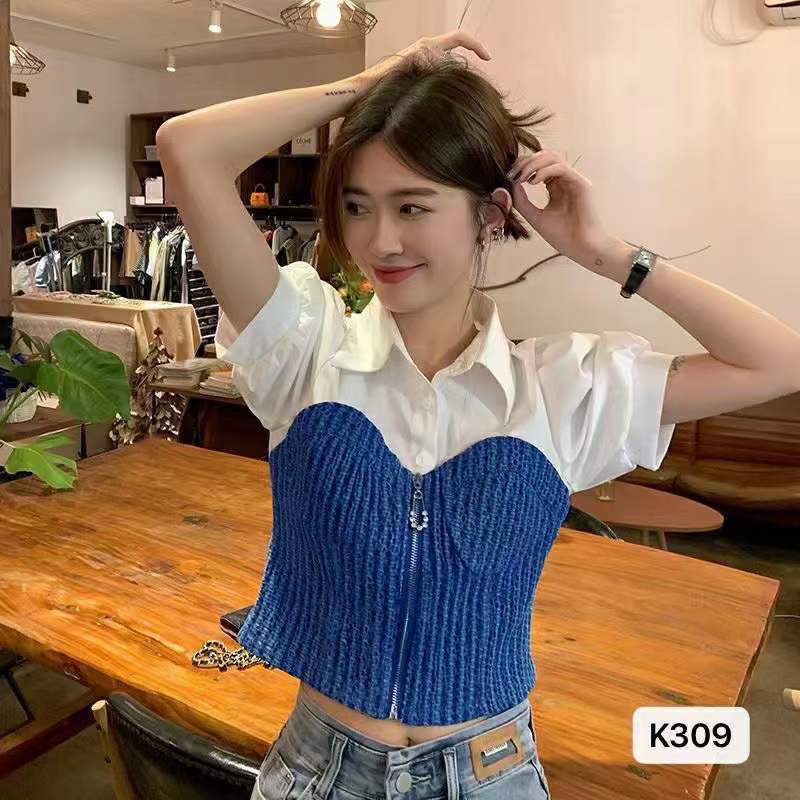 tichada K309 เสื้อแขนสั้น เสื้อ2ชิ้นเย็บติดกัน แต่งคอปกและซิปรูดได้ เสื้อผ้าแฟร์ชั่นหญิงเกาหลี ...