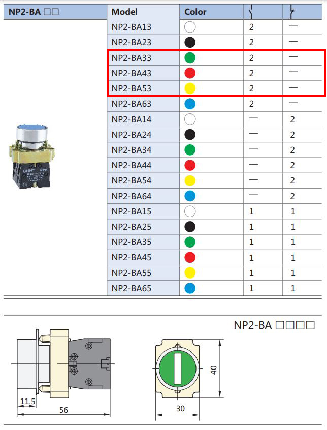 CHINT สวิตช์ปุ่มกด แบบไม่ส่องสว่าง Pushbuttons รุ่น NP2-BA - MixASale