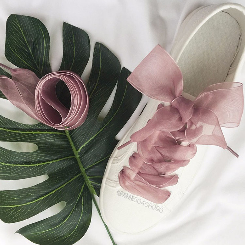 1 Pair Satin Silk Flat Shoelaces 2.5cm Wide Sweet Ribbon Shoe Laces ...