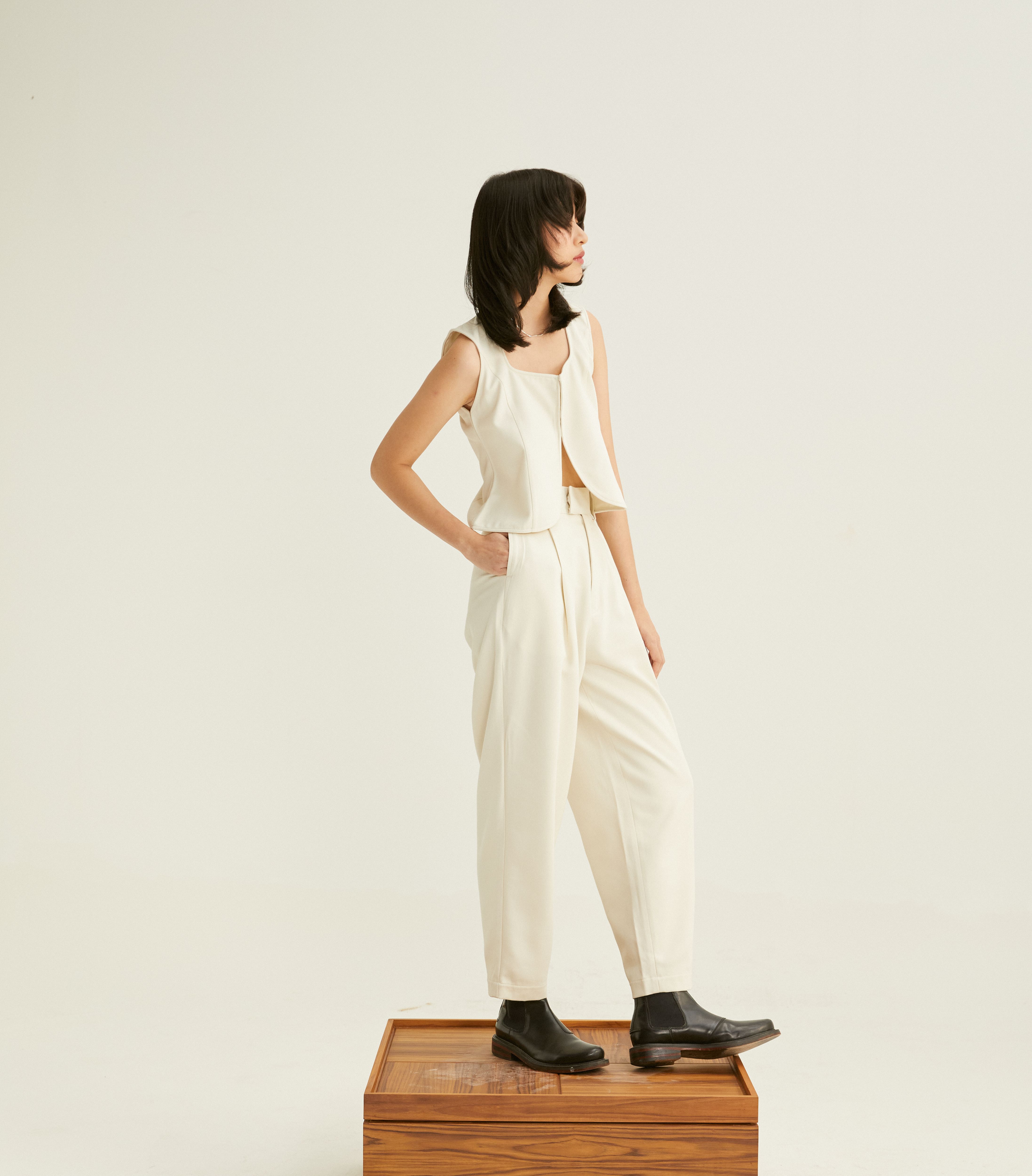 Pleated Deep Trousers กางเกงเอวสูง ปลายขางุ้มเข้า Cotton100% เก็บทรงดี ...