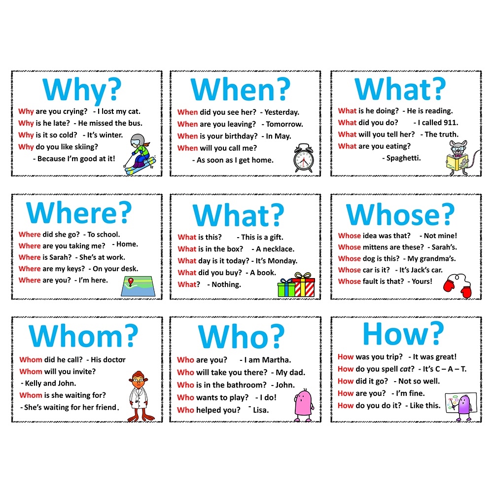 9Pcs WH Questions A4 Poster Card Learning English Words Teacher ...
