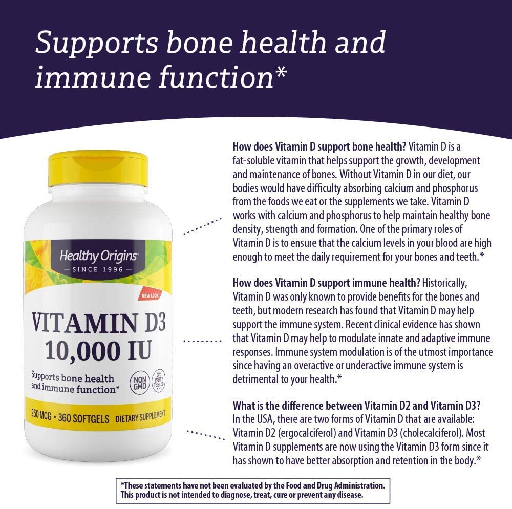 Healthy Origins Vitamin D3 10000 IU Supports bone health and immune ...