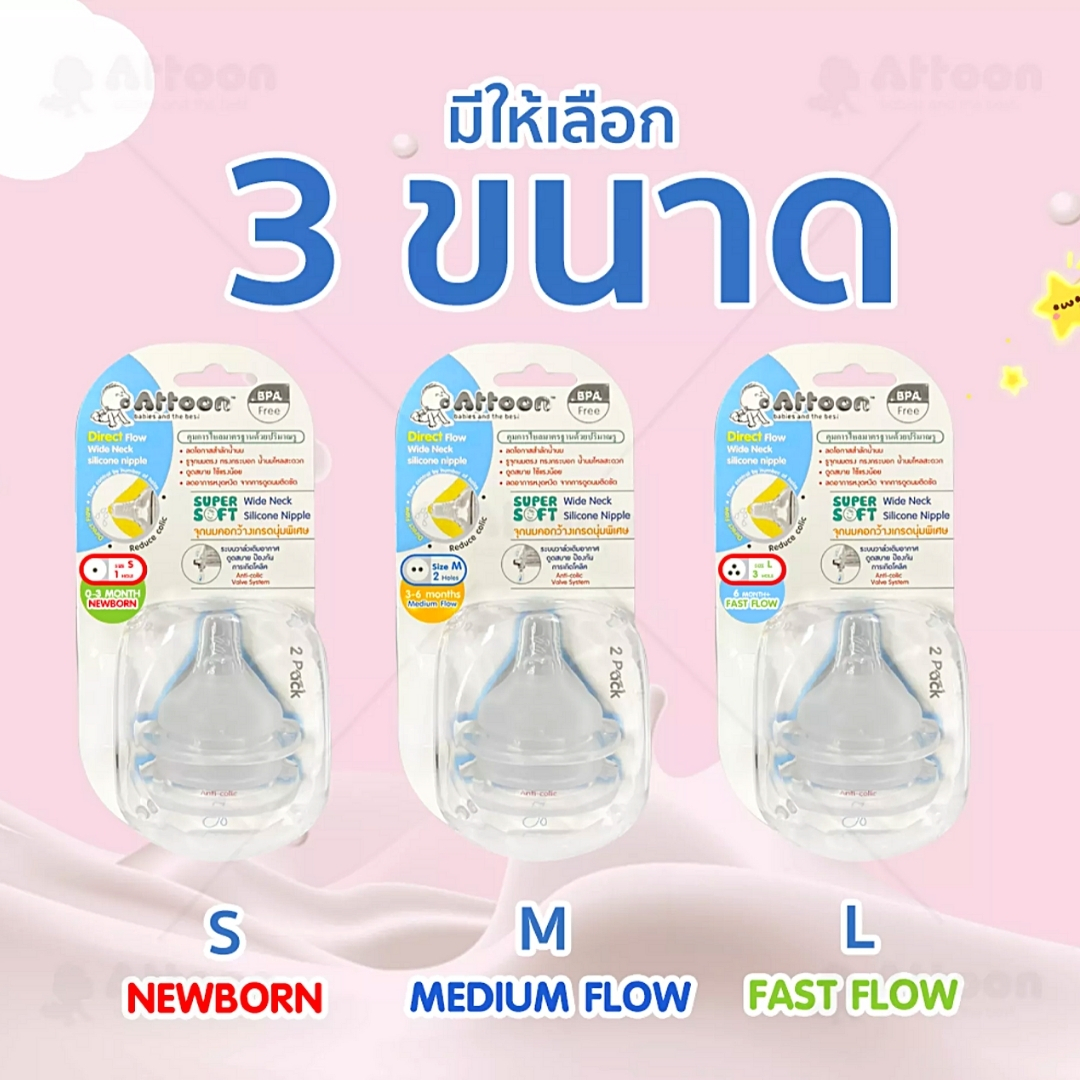 Attoon จุกนมซิลิโคน จุกนมมาตรฐาน จุกนมคอแคบ จุกนมคอกว้าง ( ขนาด SML ) ควบคุมการไหลด้วยจำนวนรู มี ...