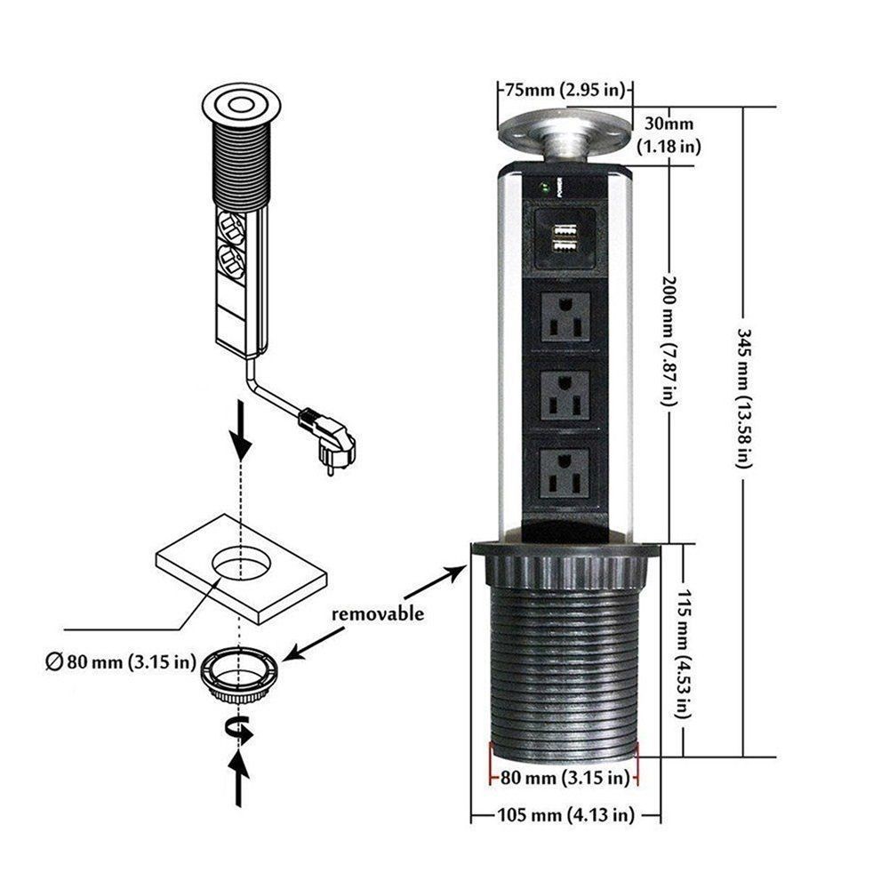 3 PLUG SOCKET 2 USB HOME TABLE US/EU/UK/AU PLUG HIDDEN POWER SOCKET ...