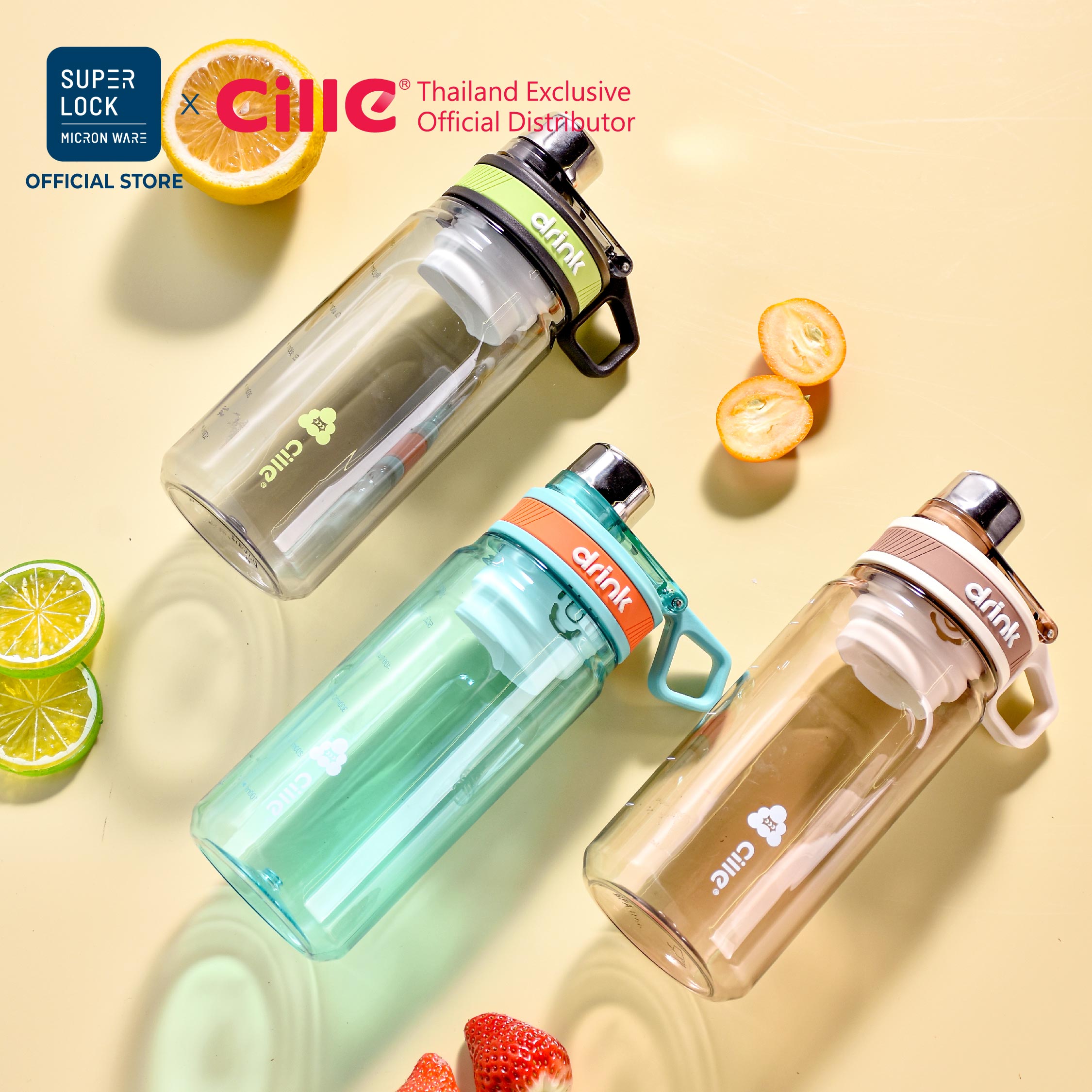 รับประกัน 1 ปี Cille Lite กระบอกน้ำพลาสติก Tritan ทนอุณภูมิร้อน-เย็น ขวดน้ำออกกำลังกาย แบบยกดื่ม ...