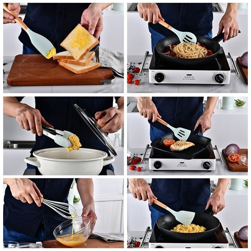 Wooden Silicone Kitchen Utensil Nonstick Utensils Cooking Tool Spoon ...