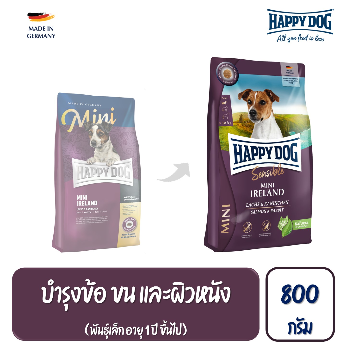 Happy Dog Mini Ireland สุนัขโตพันธุ์เล็ก-กลาง สูตรเนื้อกระต่ายป่าและปลา ...