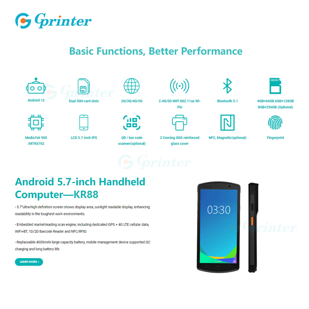 Gprinter PDA KR88 เครื่องนับสินค้าคงคลัง Android 5G สแกนบาร์โค้ด ตัวรวบรวมข้อมูล จอสัมผัส ไร้สาย ...