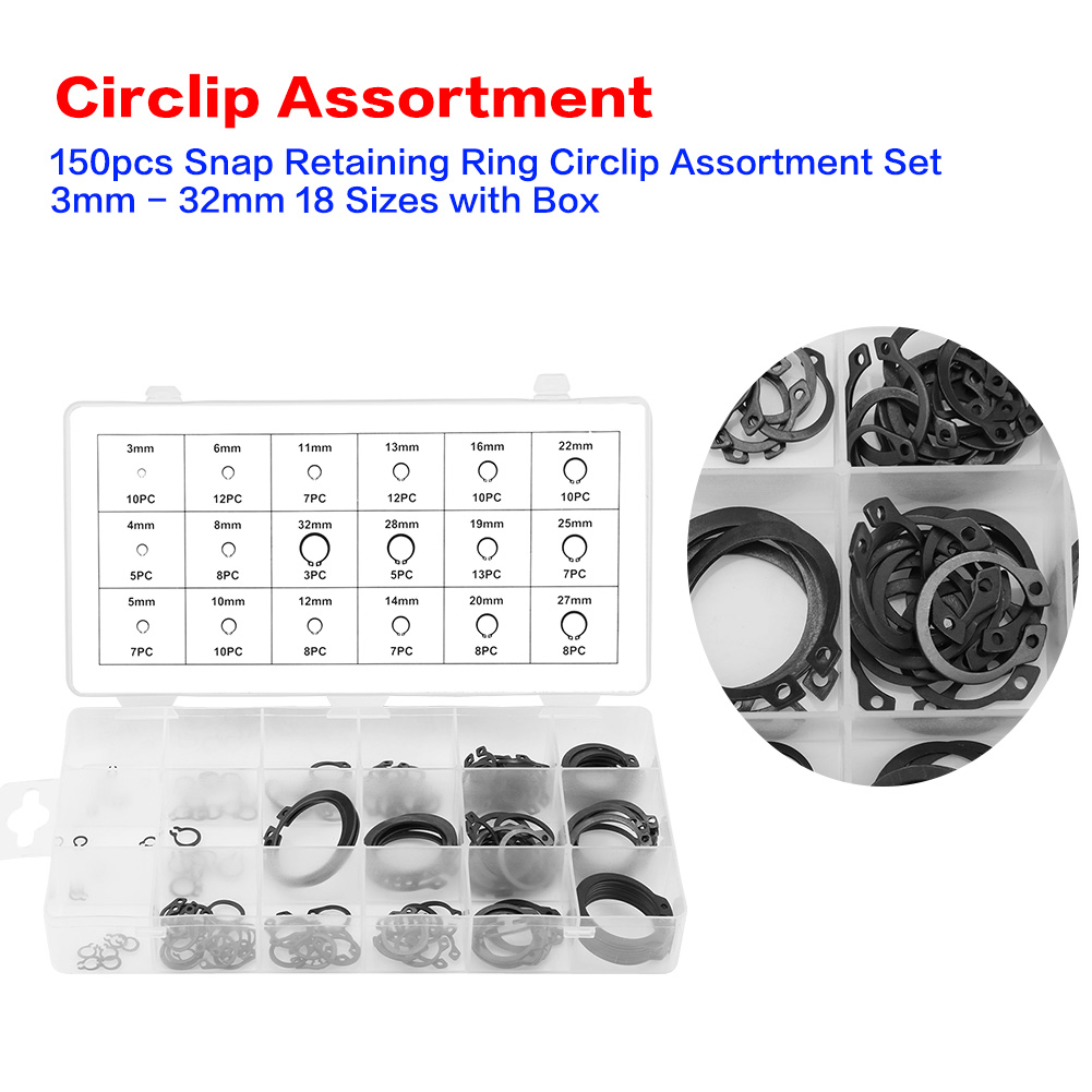 150pcs Snap Retaining Ring Circlip Assortment Set 3mm - 32mm 18 Sizes ...