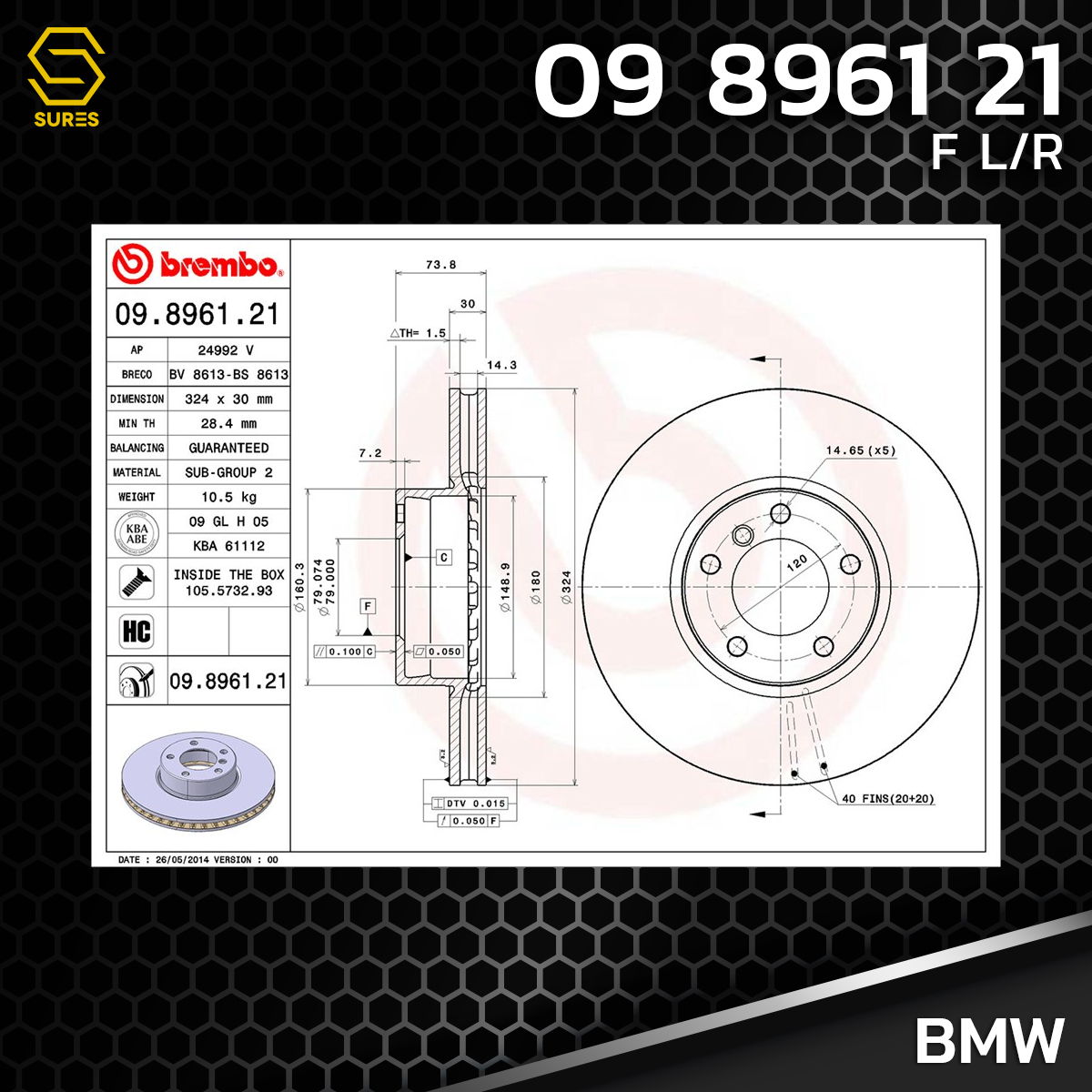 จานเบรค หน้า BMW SERIES 5 E39 530i 535i / UV HC ตรงรุ่น BREMBO 09.8961. ...