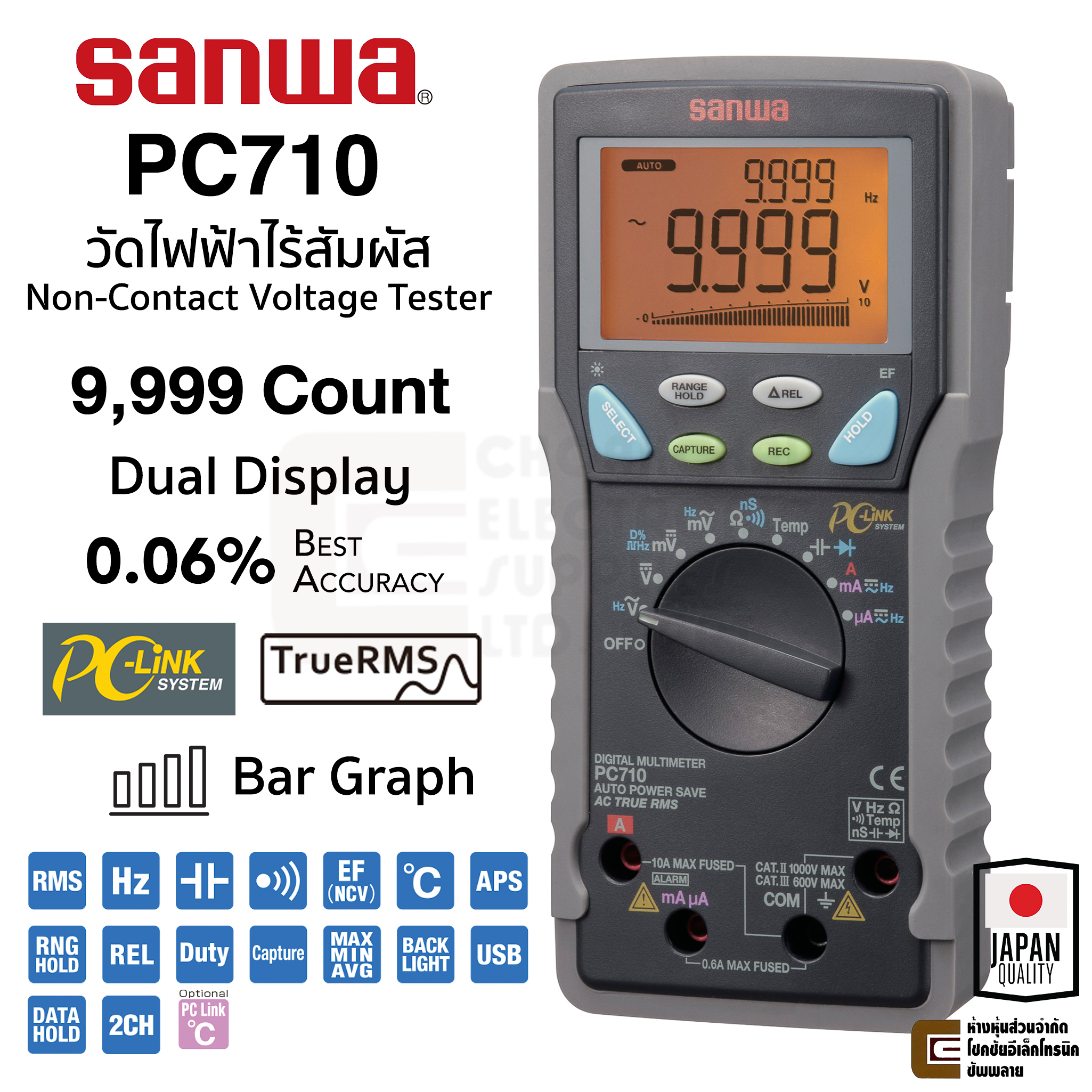 Sanwa PC710 ดิจิตอล มัลติมิเตอร์ True RMS วัดไฟฟ้าไร้สัมผัส (NCV) 0.06% 9,999 Count แม่นยำมาก PC ...