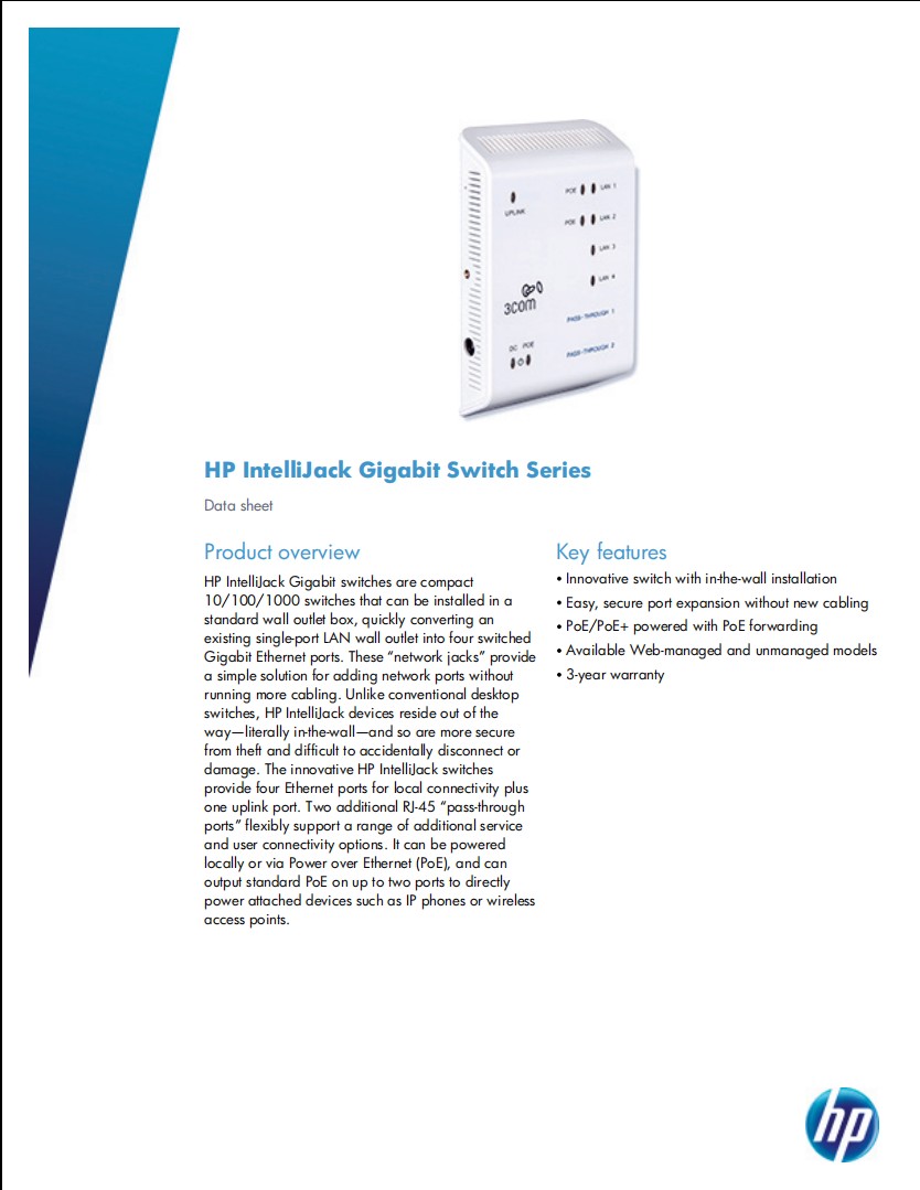 HP 3com NJ2000G IntelliJack Switch PoE Managed 7 Port Gigabit - JD057A ...