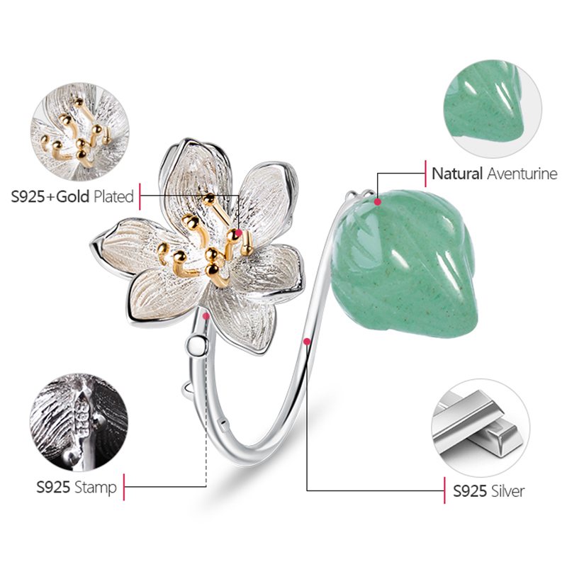 Lotus Fun Real 925 Sterling Silver Natural Aventurine Gemstones Flower ...
