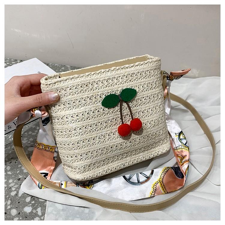 unlimitedshop(UN1006) -i2กระเป๋าสะพายข้างสานทรงกล่องเชอร์รี่มีโบว์ผูก ...