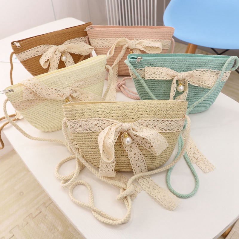 Bobora Summer New Girl Lace Pearl Bow Fashion Girls Straw Shoulder ...