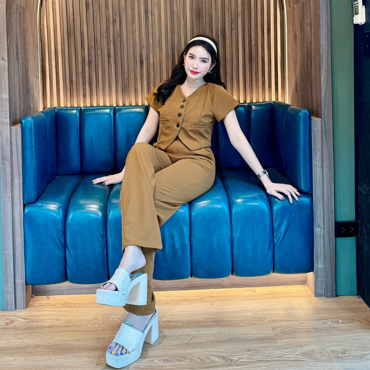 พร้อมส่ง ชุดเซตผ้าวูลเวฟ เสื้อทรงสูทกระดุมหน้ากระเป๋าหน้า+กางเกง A4085 ...