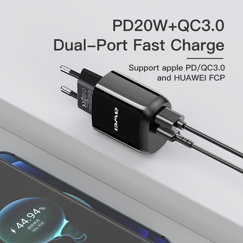 【ฟรี C-L 5A Data Cable】 Awei PD2 PD 20W Fast Charger ปลั๊ก EU แบบพกพา ...