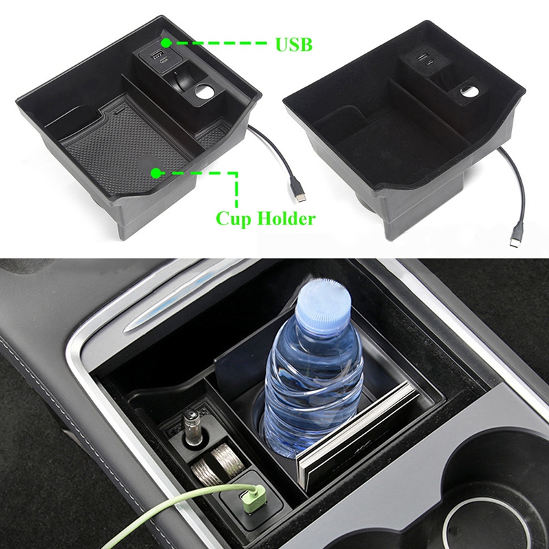 for Tesla Model 3 Y 2021 Central Armrest Storage Box with USB Charging ...