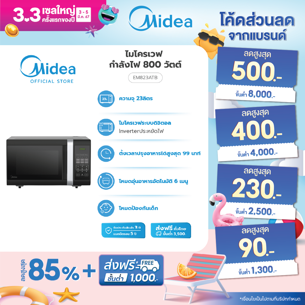 (ส่งฟรีทั่วไทย) Midea เตาอบไมโครเวฟ Digital Control 23 ลิตร 800 วัตต์ - รุ่น EM823ATB รับประกัน ...