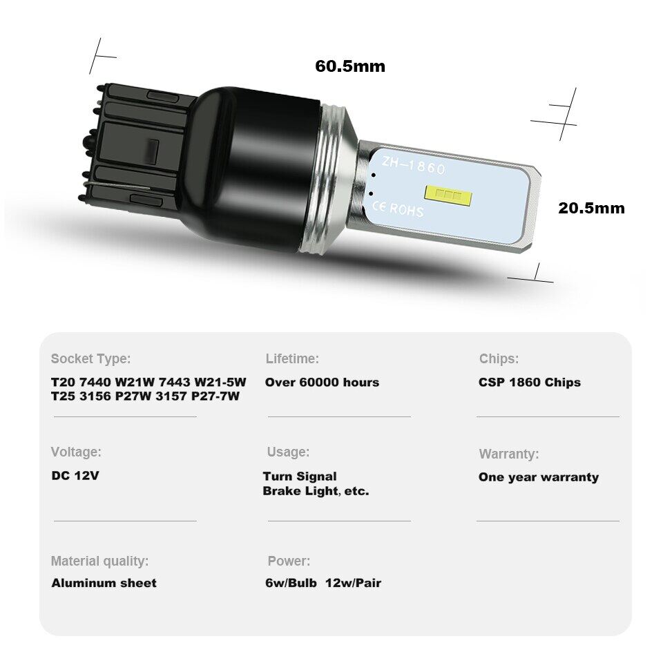 ANMINGPU 1x สัญญาณ W21W LED 7440 T20 7443 W21 5W หลอดไฟ Led CSP 1860SMD 3156 LED P27W T25 3157 ...