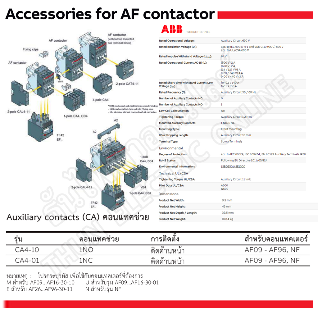 ABB Auxiliary Contacts คอนแทคช่วย รุ่น CA4 ตัวเลือก CA4-10 (1NO) CA4-01 (1NC) อุปกรณ์เสริม แมก ...