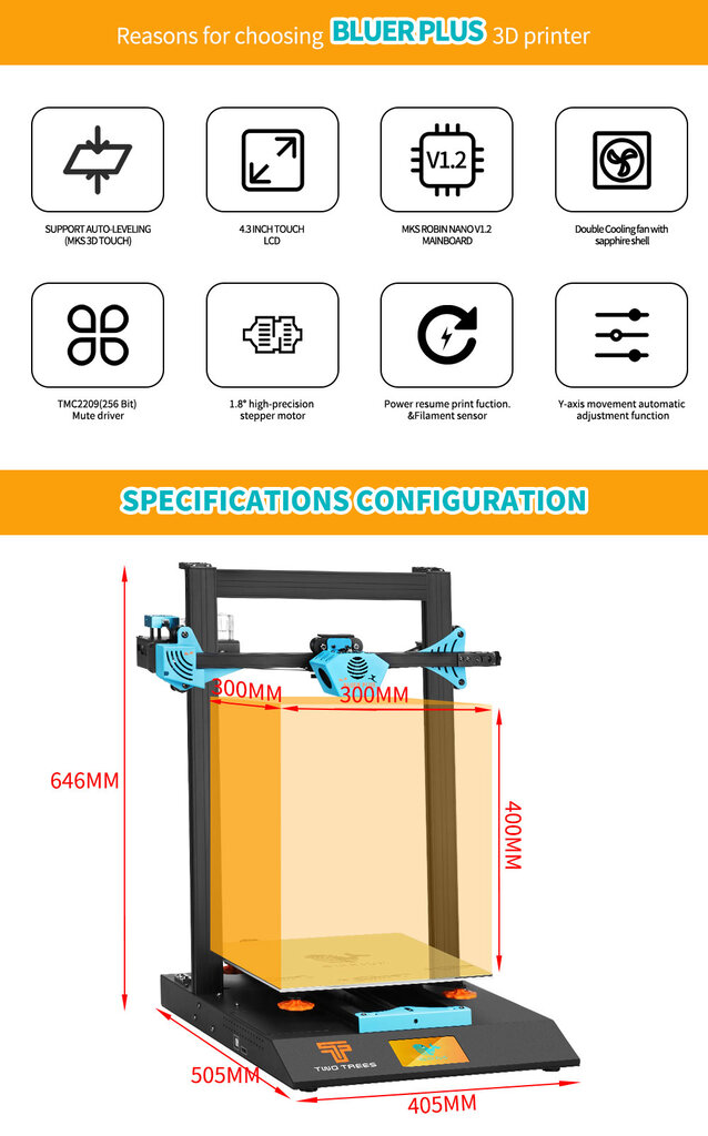 Two Trees Bluer Plus 300*300*400 3D printer.(2021) TMC2209/MKS Robin ...