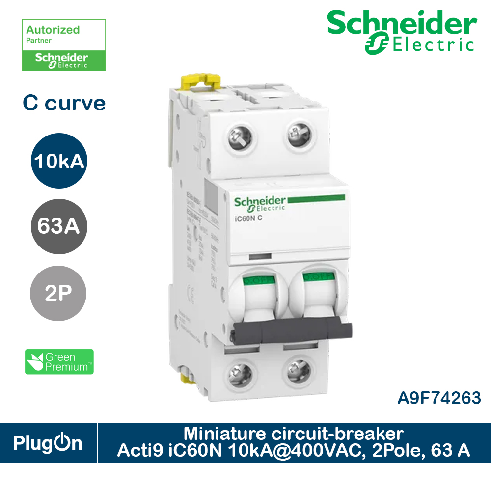 A9F74263 - Schneider Electric Miniature circuit-breaker, Acti9 iC60N 10kA, 400VAC, 2Pole, 63 A ...