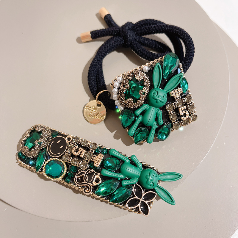 Rhinestone Green Hair Tie Clip for Women Girl Rabbit Bunny Elastic ...