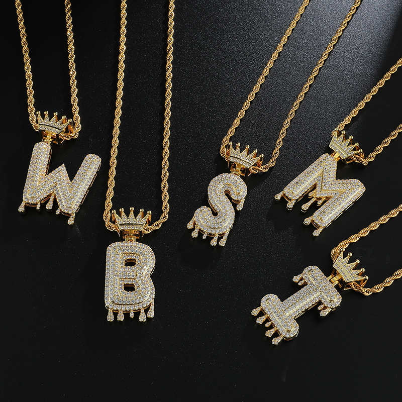 Hip Hop Iced Out Bling Cubic A-Z Drip Crown Zircon Letters Necklaces ...