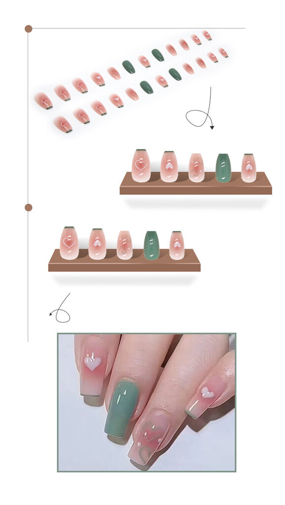 R460 ชมพู เขียว หัวใจ เล็บยาว เล็บปลอม 24 ชิ้น สำเร็จรูป กันน้ำ แถมกาว ...