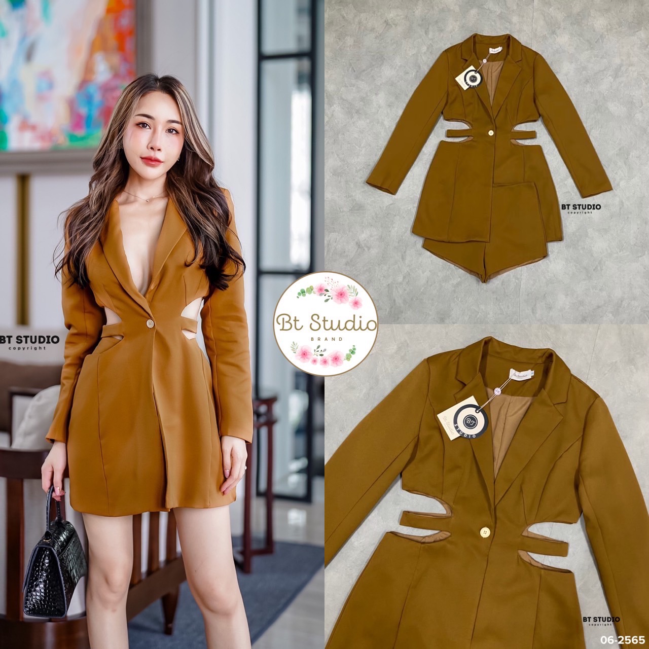 งานป้าย BT-Studio set 2ชิ้นเสื้อเบเซอร์แขนยาวคอปกแต่งกระดุมเม็ดเดียว ช่วงเอวแต่งเว้าเอวแต่งสาย ...