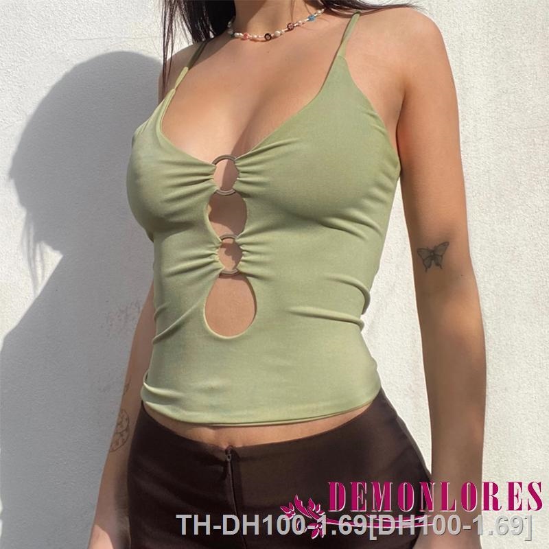 DH100-1.69 Demq- เสื้อครอปท็อปคอยูสีพื้นแบบรัดรูปตกแต่ง U สําหรับผู้หญิง - jiu423 - ThaiPick