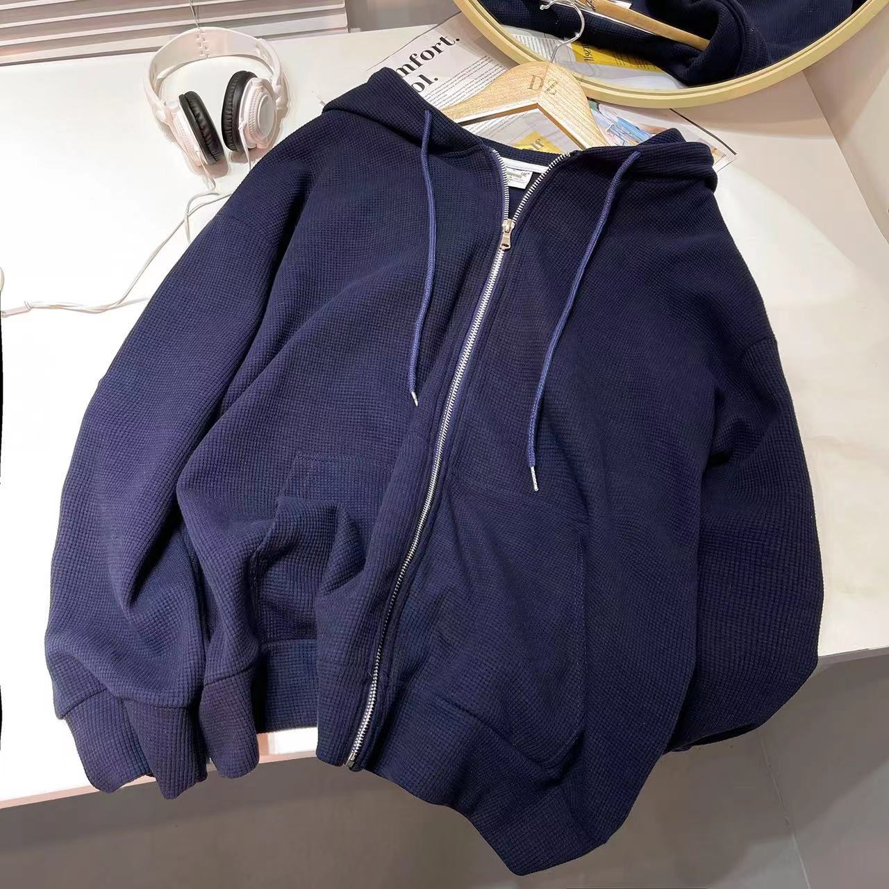 YIY SHOP (7033)เสื้อแจ็คเก็ตแขนยาว แบบบาง มีซิป มีฮู้ด ผ้าวาฟเฟิล ทรง ...